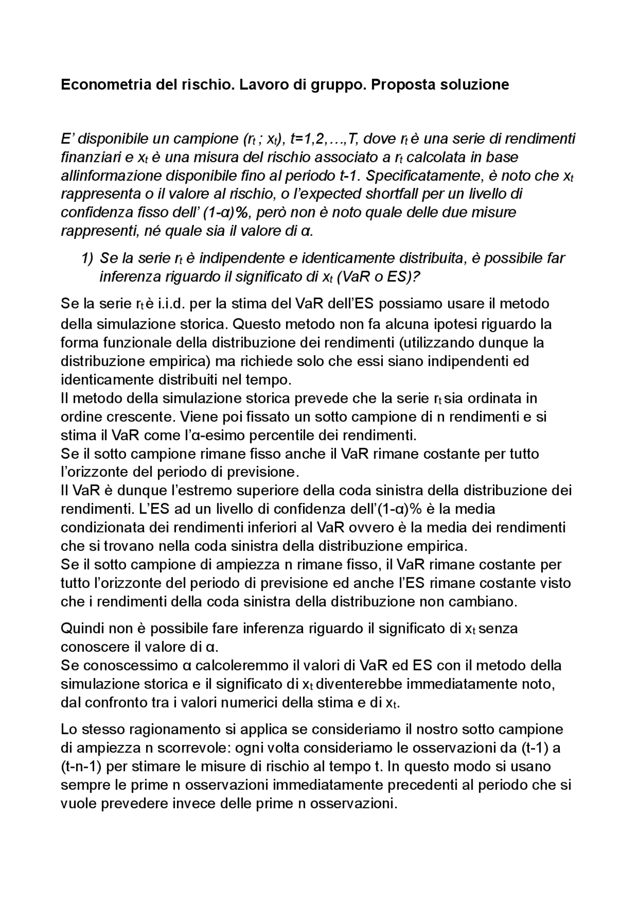 Lavoro Di Gruppo Svolto Econometria Rischio Docsity