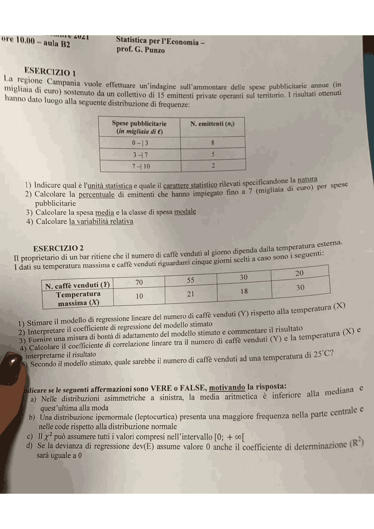 Prova d'esame di Statistica del prof.Gennaro Punzo del 09/12/2021 | Prove d'esame di Statistica ...