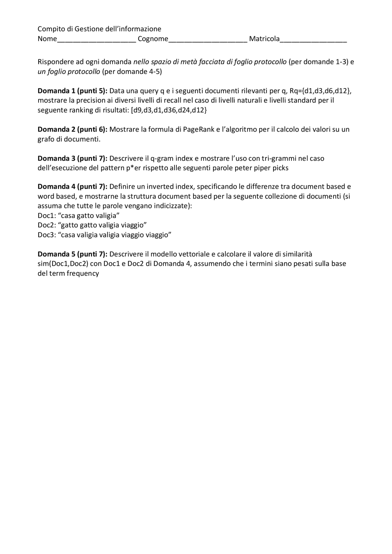 Esame Gestione Informazione Unimore Informatica Docsity