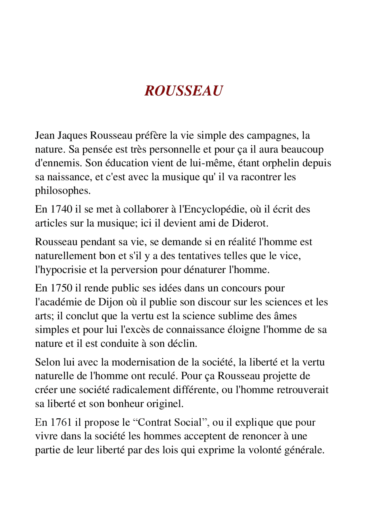 Riassunto Rousseau In Francese Docsity
