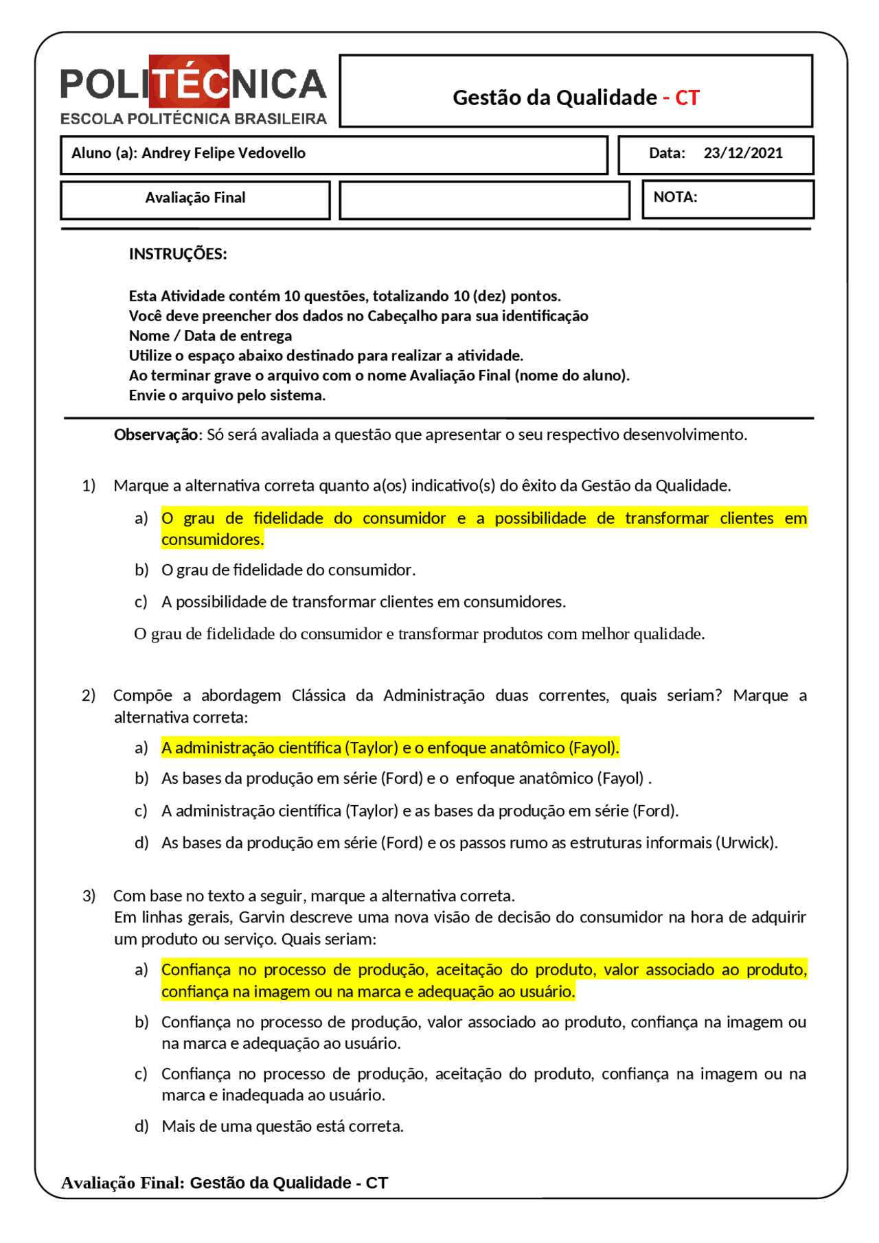Prova Final Gestão Da Qualidade Docsity