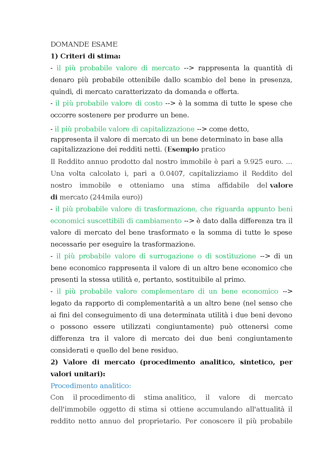 Domande esame estimo con risposte | Appunti di Estimo | Docsity