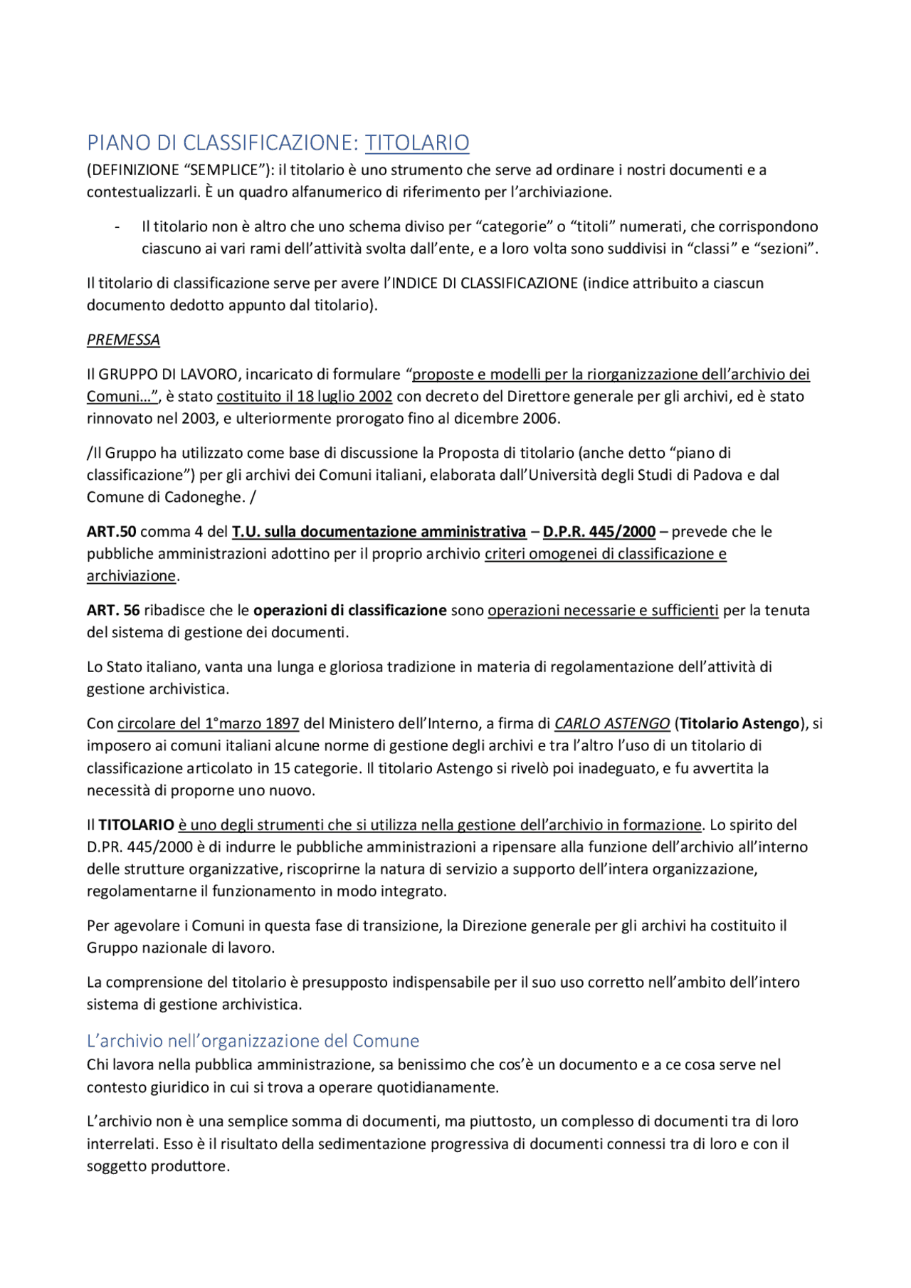 Piano Di Classificazione Dei Comuni Docsity