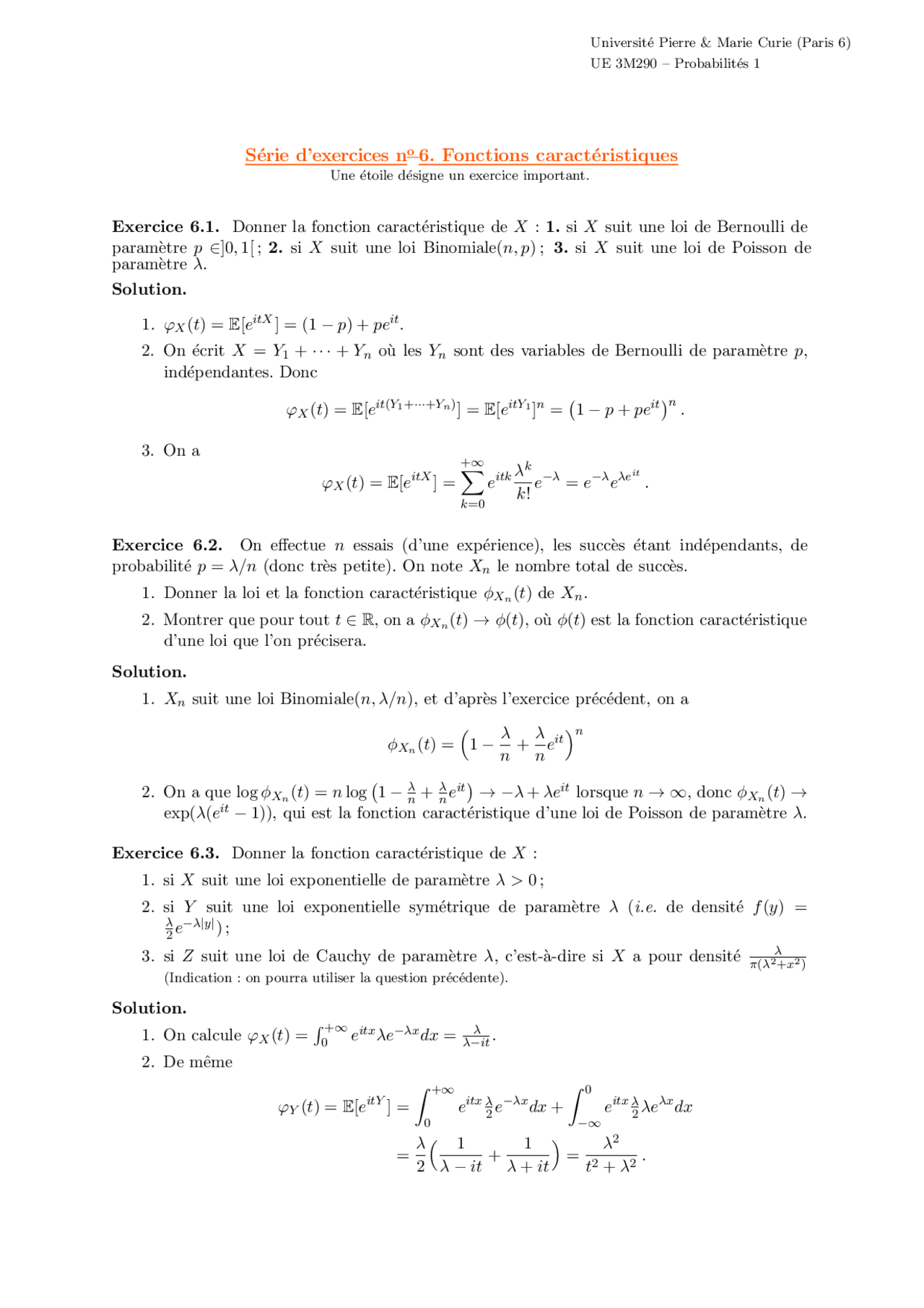 Série Dexercices N°6 Fonctions Caractéristiques Docsity