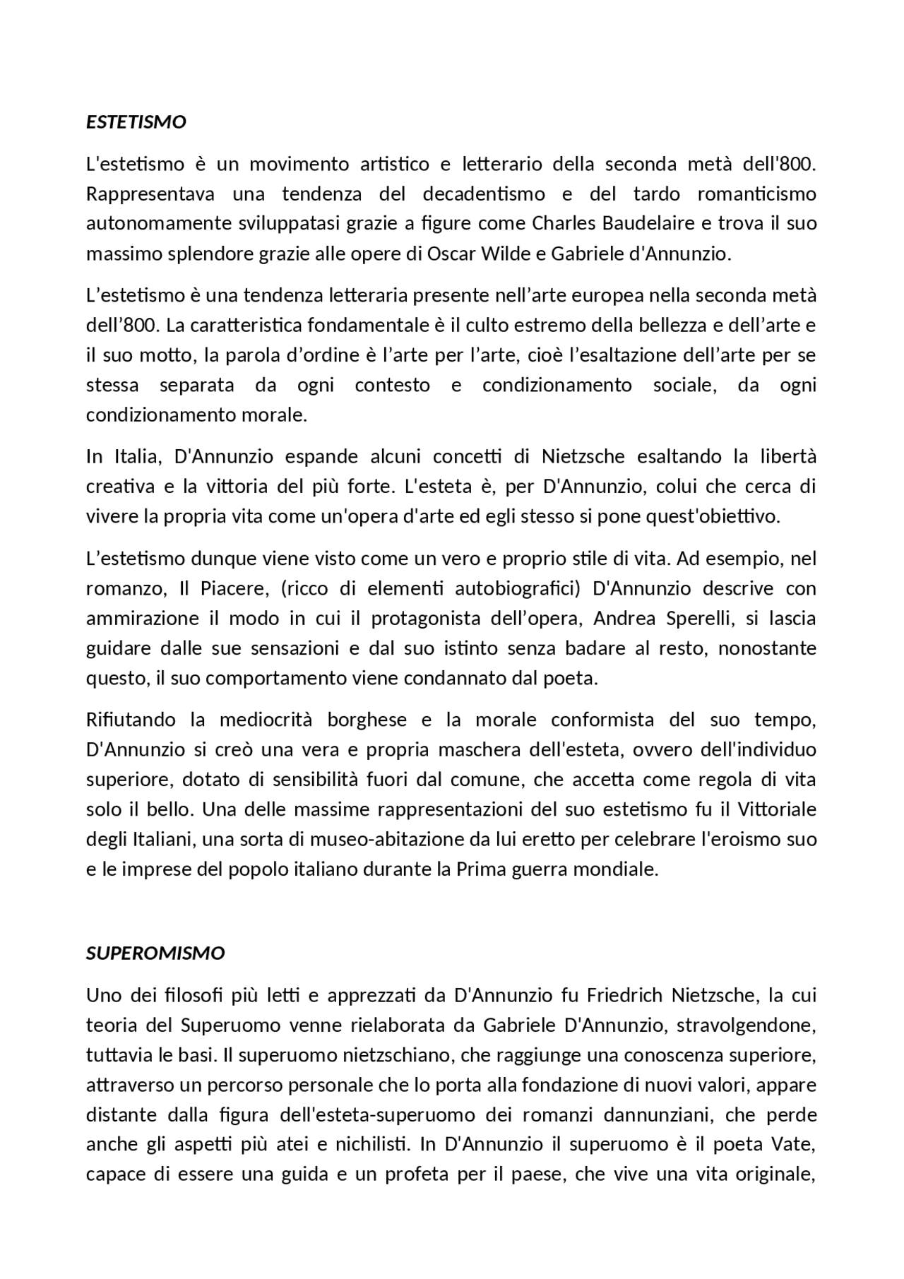 Estetismo, panismo e superomismo | Appunti di Italiano | Docsity