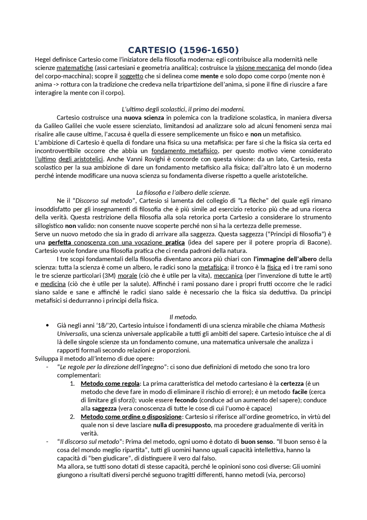 Pensiero Di Cartesio Docsity