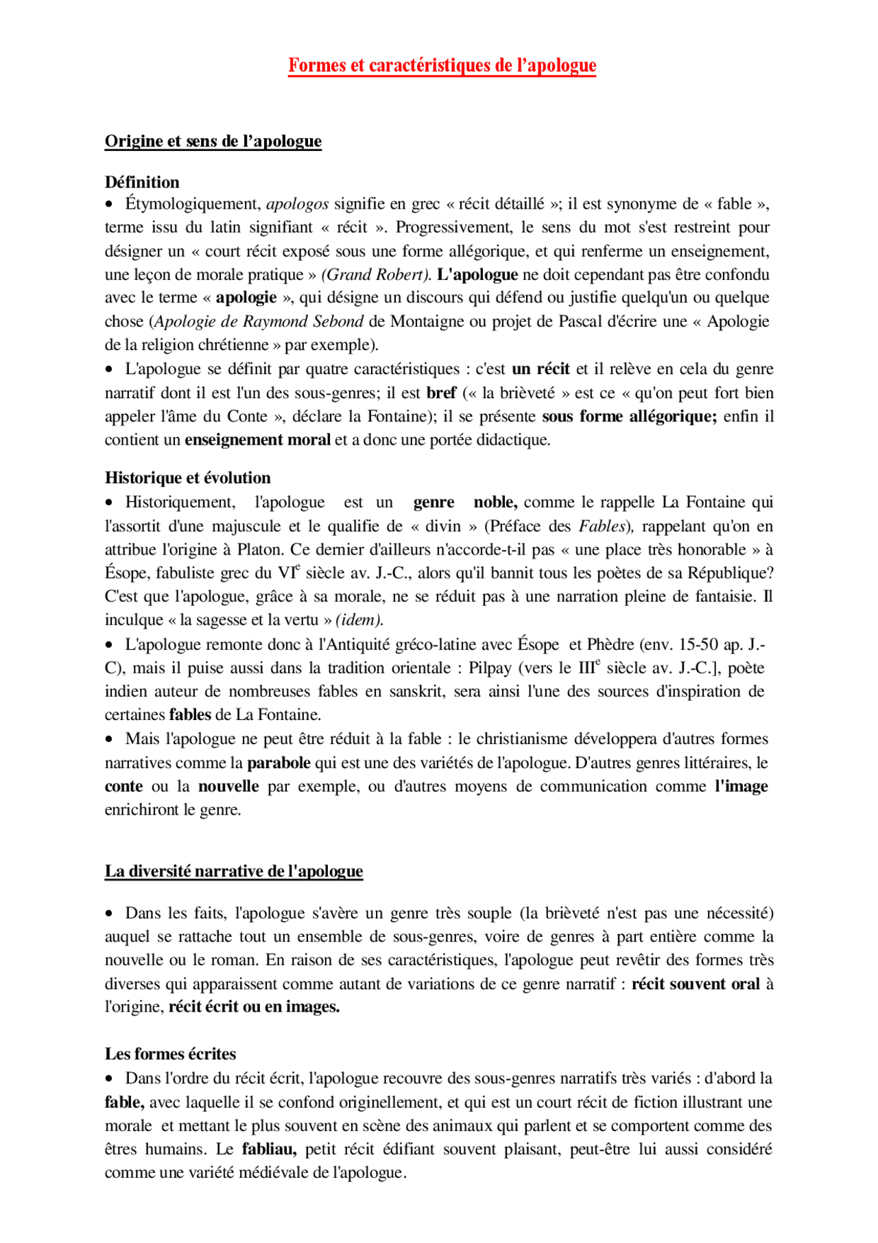 Formes et caractéristiques de l’apologue - Docsity