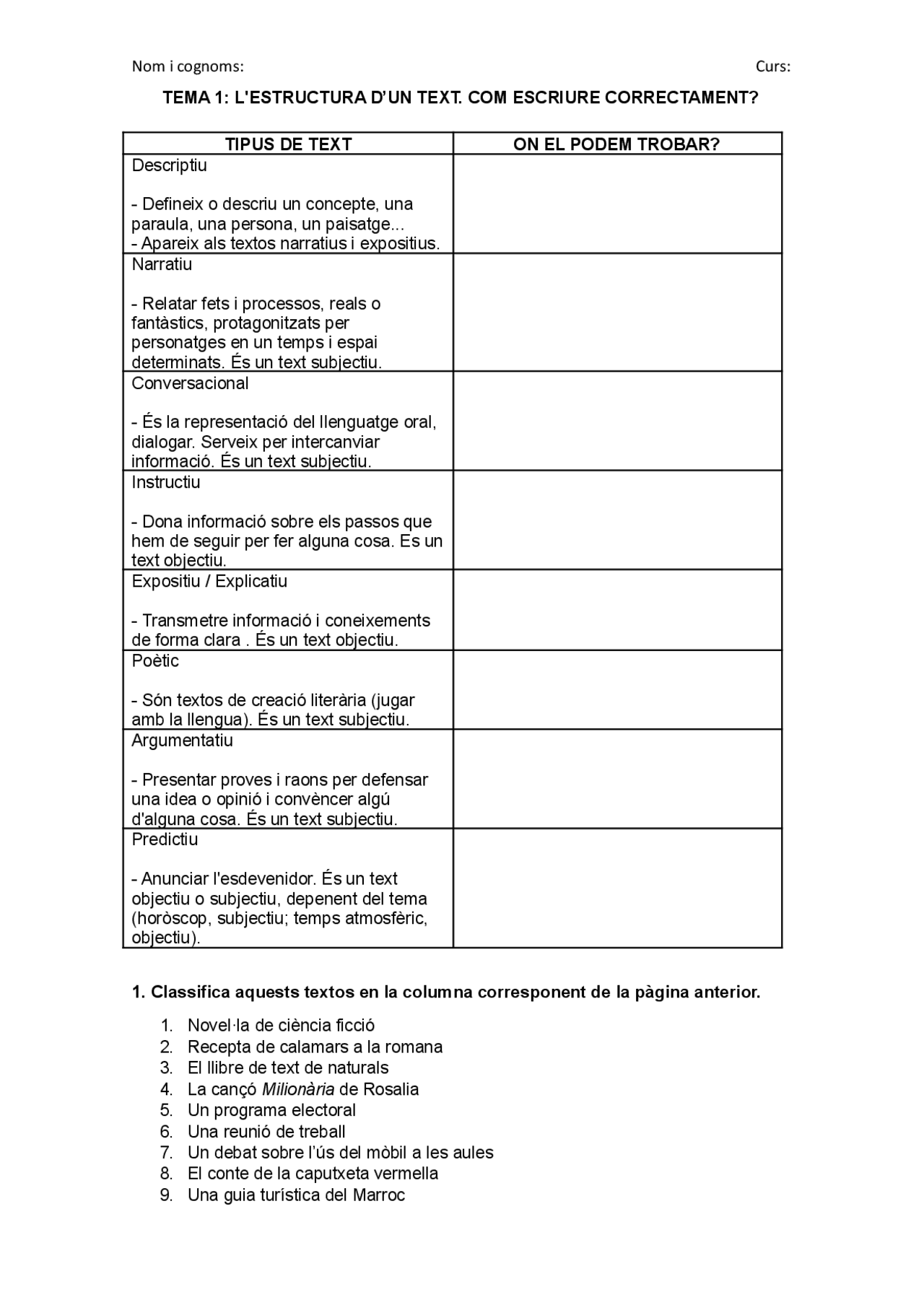 Activitats Tipologies Textuals I Adequació Ejercicios En Catalán Docsity