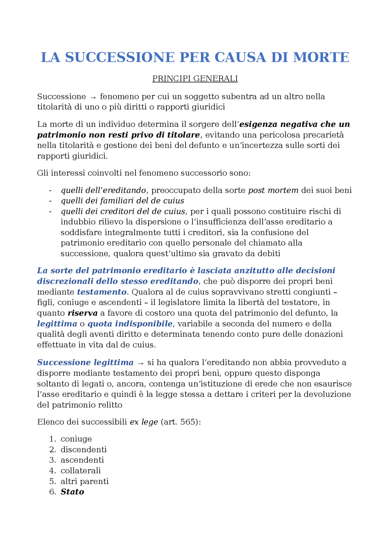 Riassunto della successione per causa di morte - Docsity