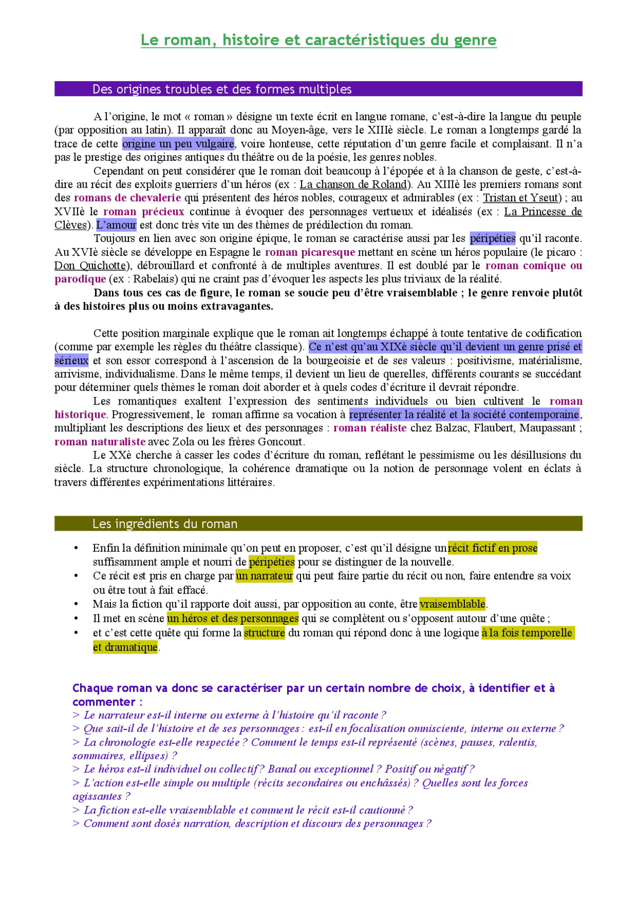 Le roman, histoire et caractéristiques du genre - Docsity