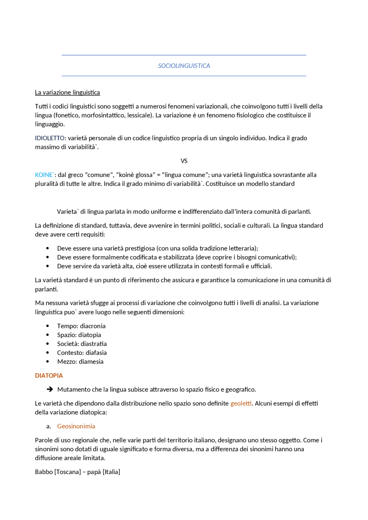 Appunti Sulla Variazione Linguistica Docsity