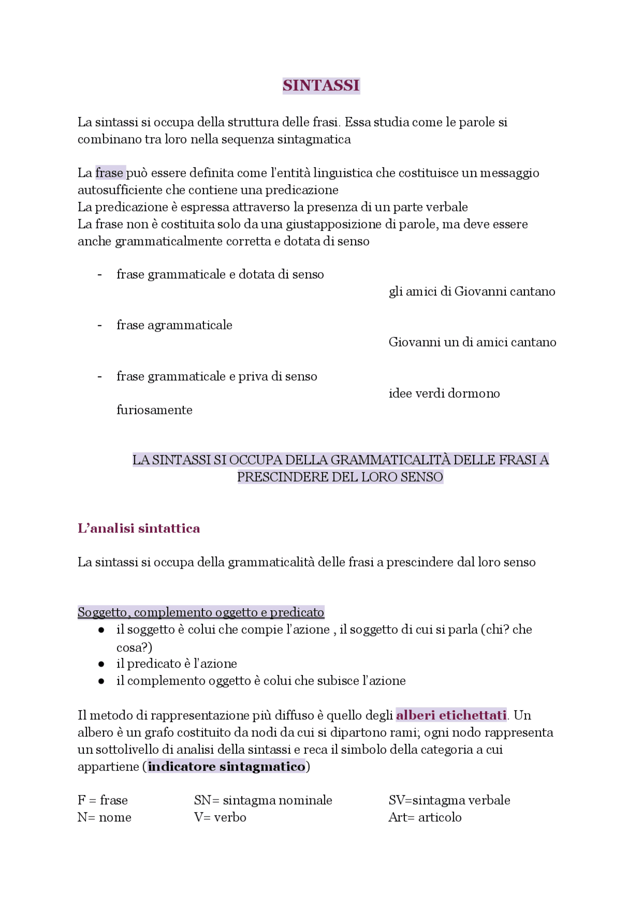 Sintassi, argomento di Linguistica Generale - Docsity
