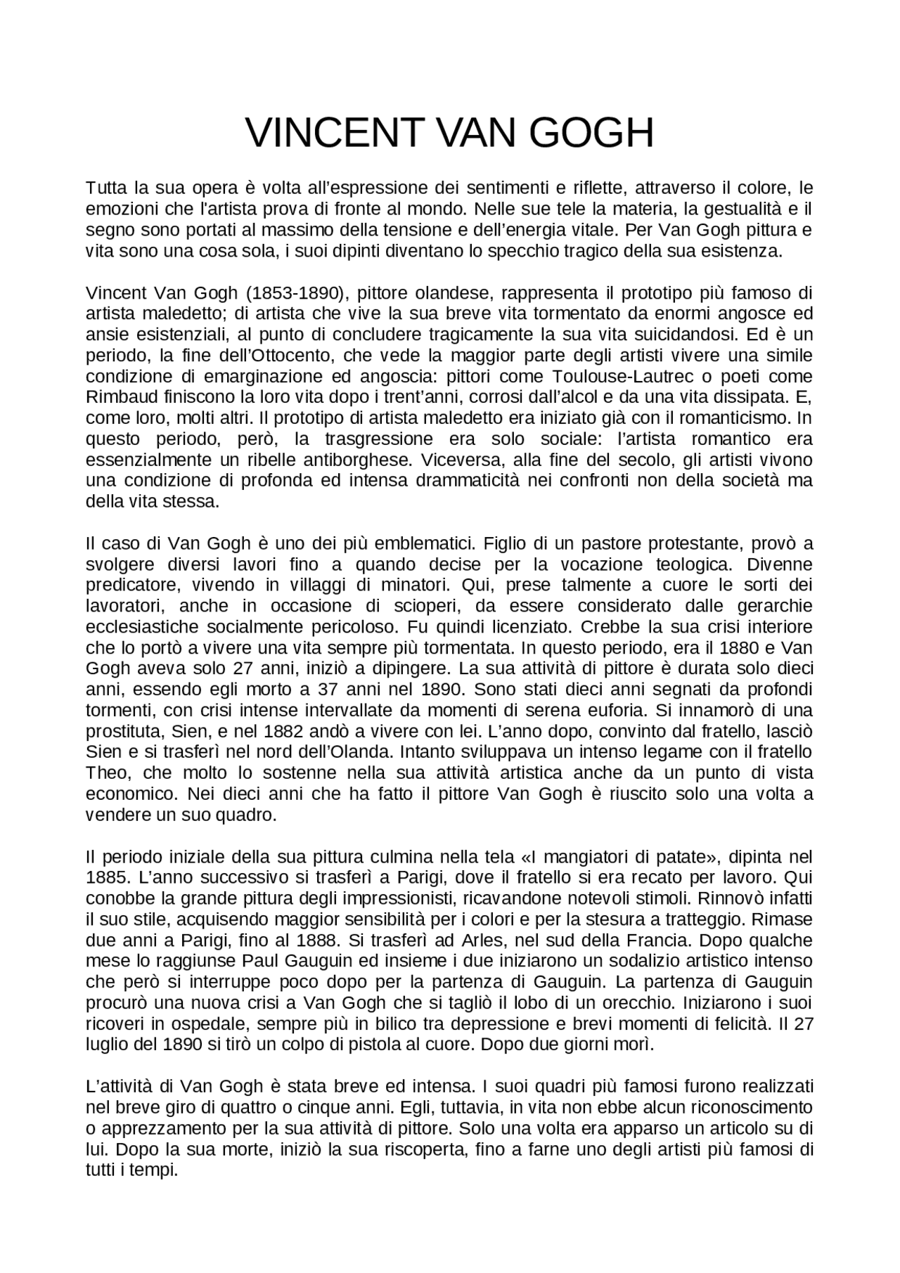 Vincent van Gogh - biografia e analisi opere - Docsity