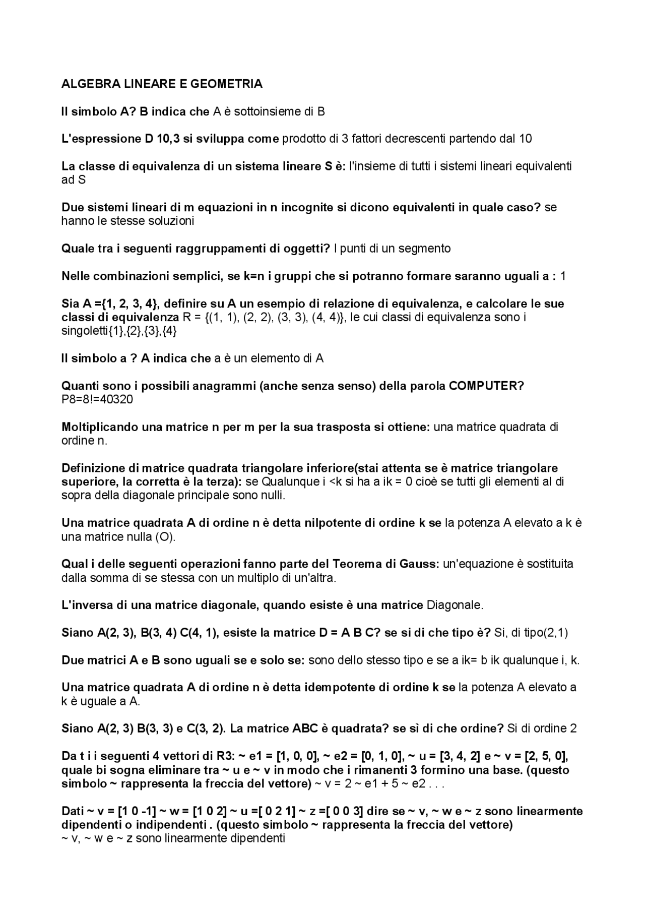 Algebra Lineare E Geometria Docsity