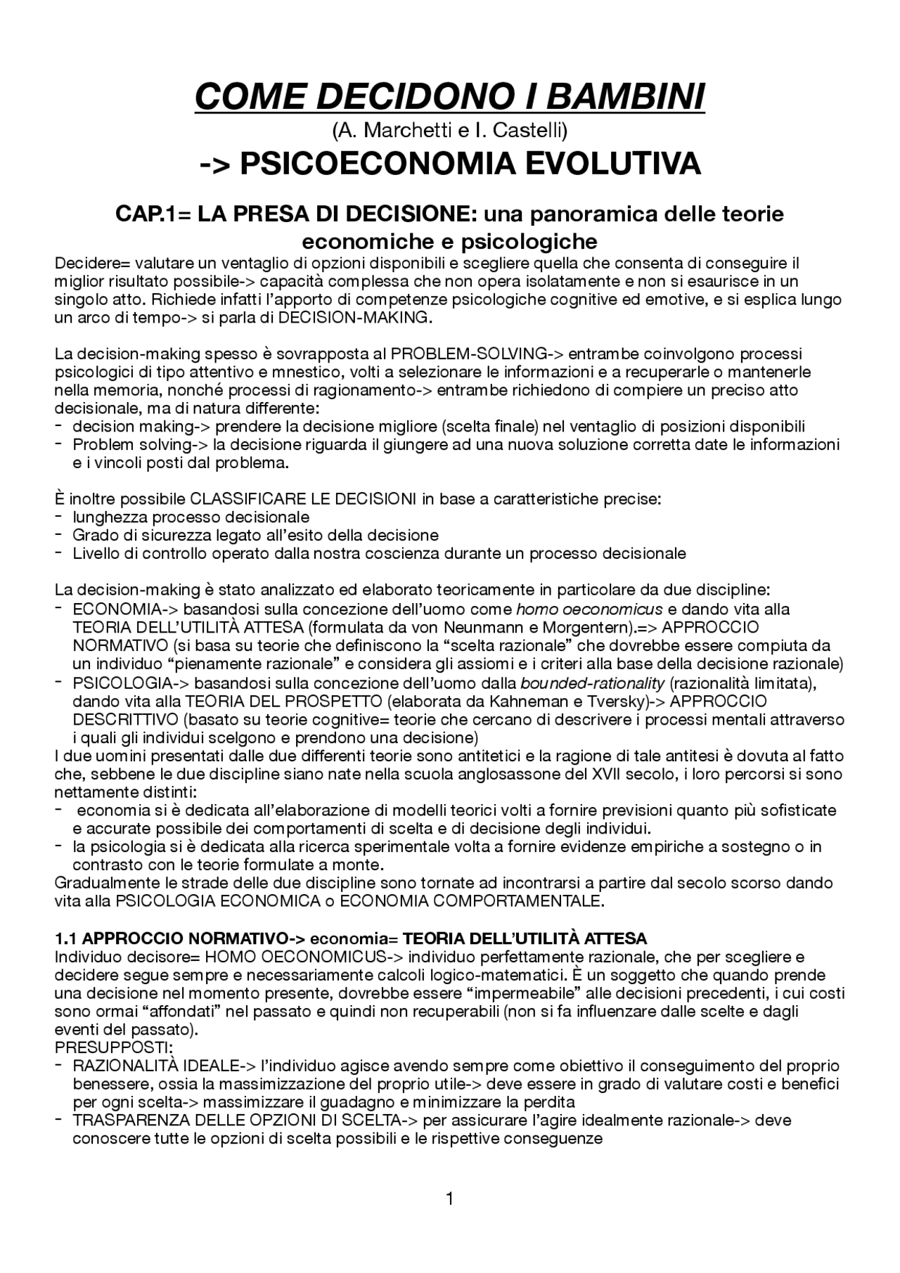 Riassunto Come Decidono I Bambini Marchetti E Castelli Docsity