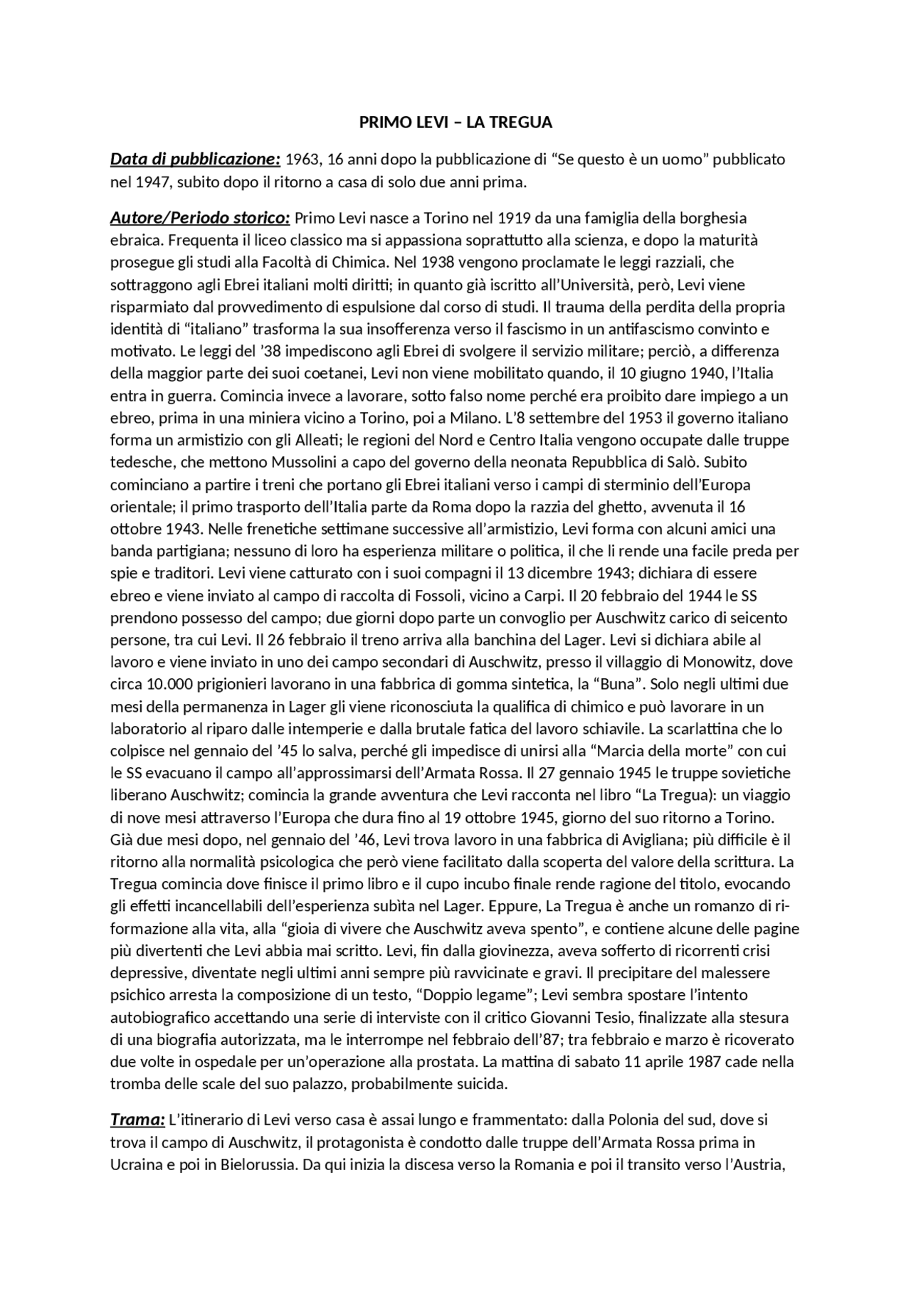 La Tregua P Levi Scheda Docsity