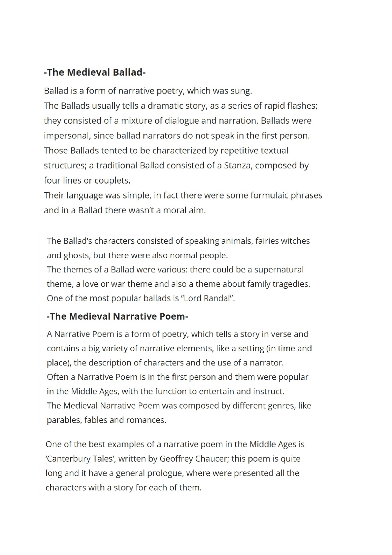 The medieval ballad and the medieval narrative poem - Docsity