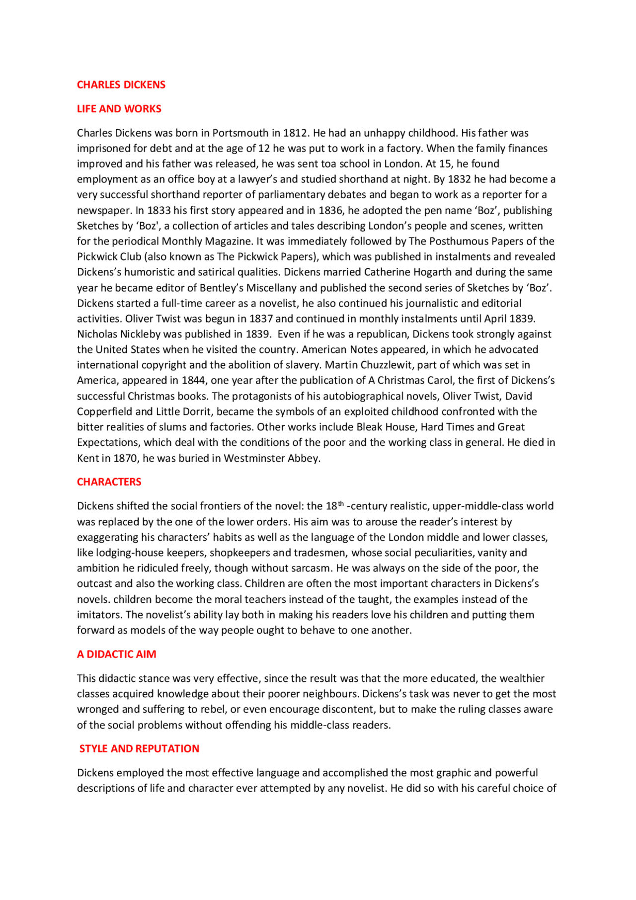 Charles Dickens Life And Works Docsity
