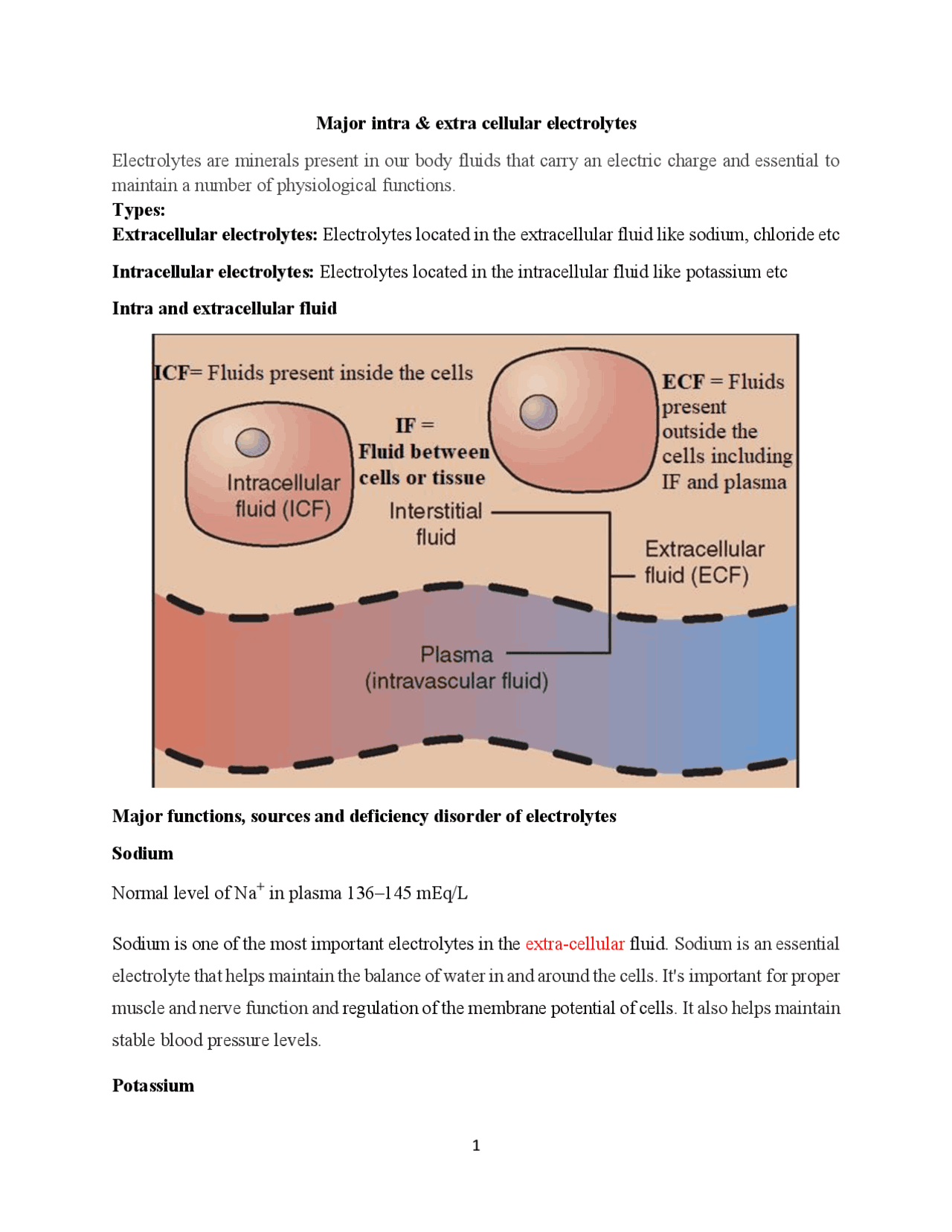 Major Intra And Extra Cellular Electrolytes Docsity