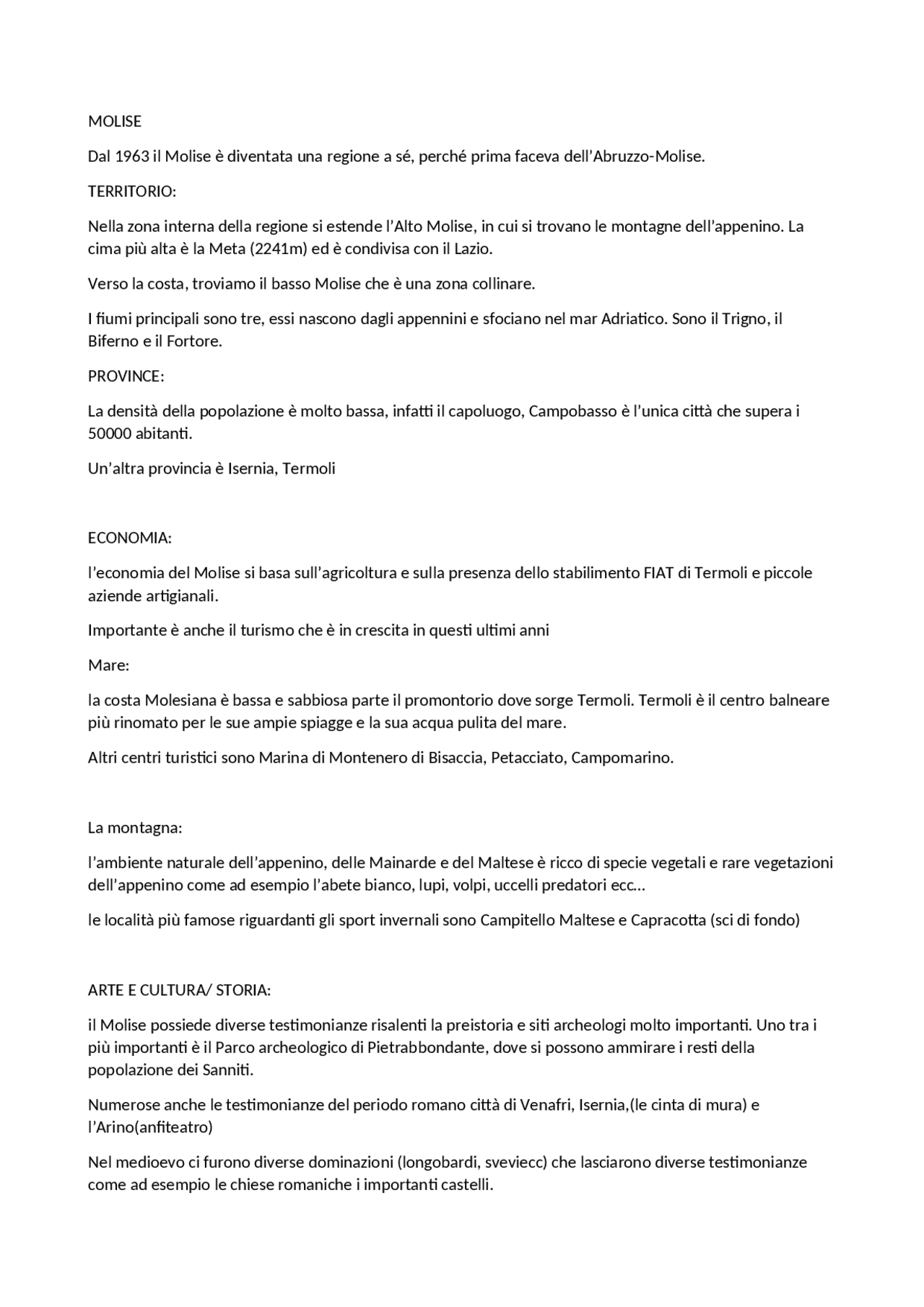 Schema sulla regione Molise sotto aspetto politico, economico, sociale ...