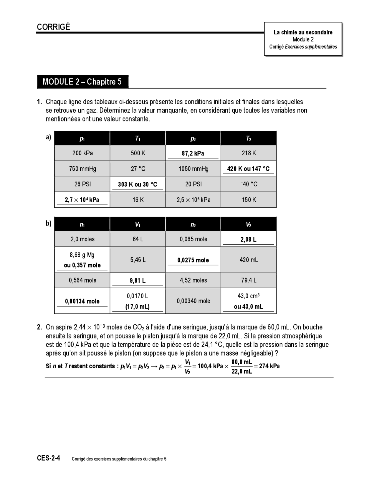 La chimie au secondaire-Module 2-Corrigé Exercices supplémentaires ...