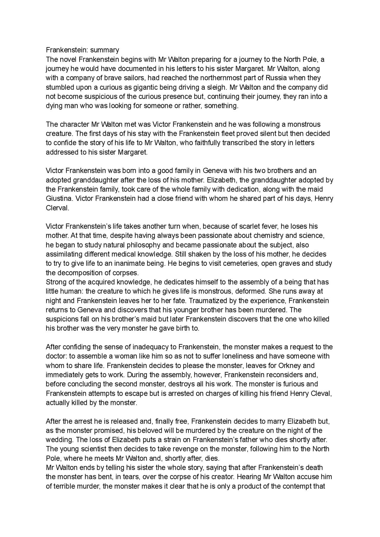 Frankenstein: the summary - Docsity