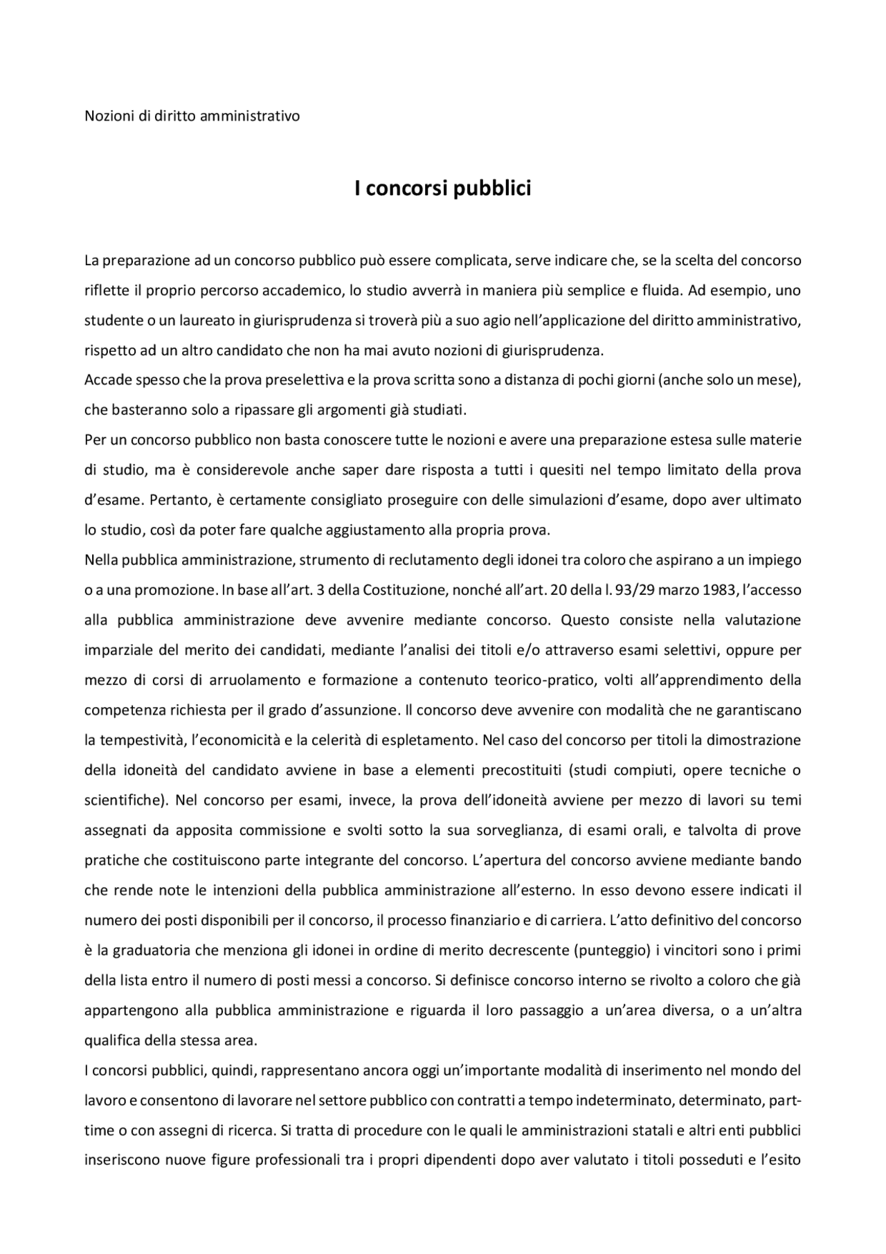 I Concorsi Pubblici E I Loro Svolgimento Docsity