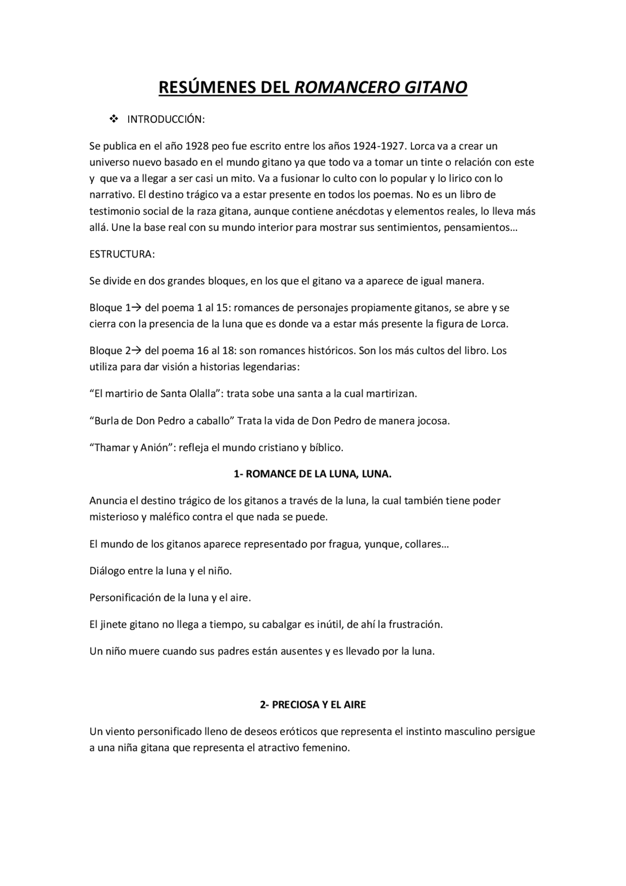 Resumenes epigrafes de "Romancero Gitano" - Docsity