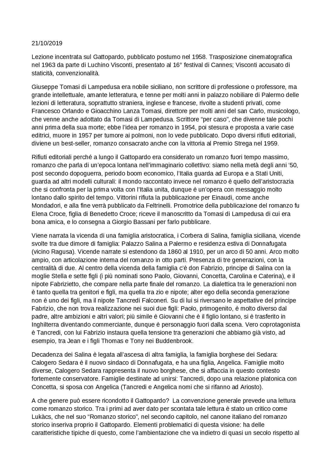 Appunti Sul Gattopardo Docsity