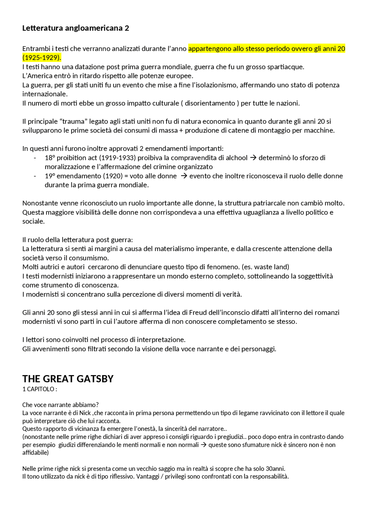 The Great Gatsby Analisi Capitoli Docsity