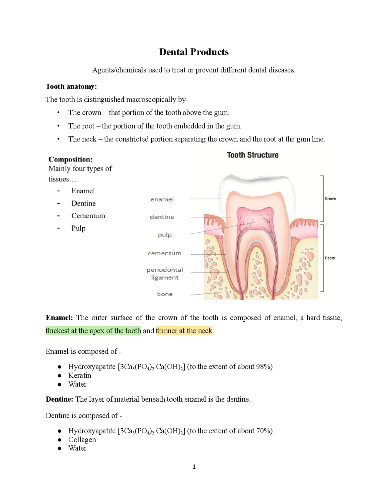 Inorganic Dental Products | Lecture notes Inorganic Chemistry | Docsity