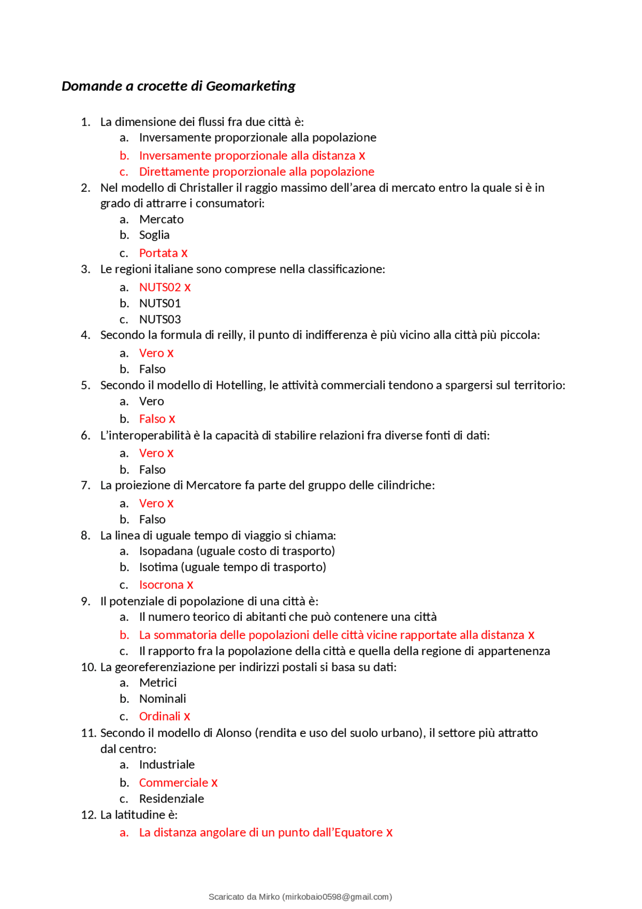 Quiz A Crocette E Preparazione Esame Marketing Territoriale Docsity