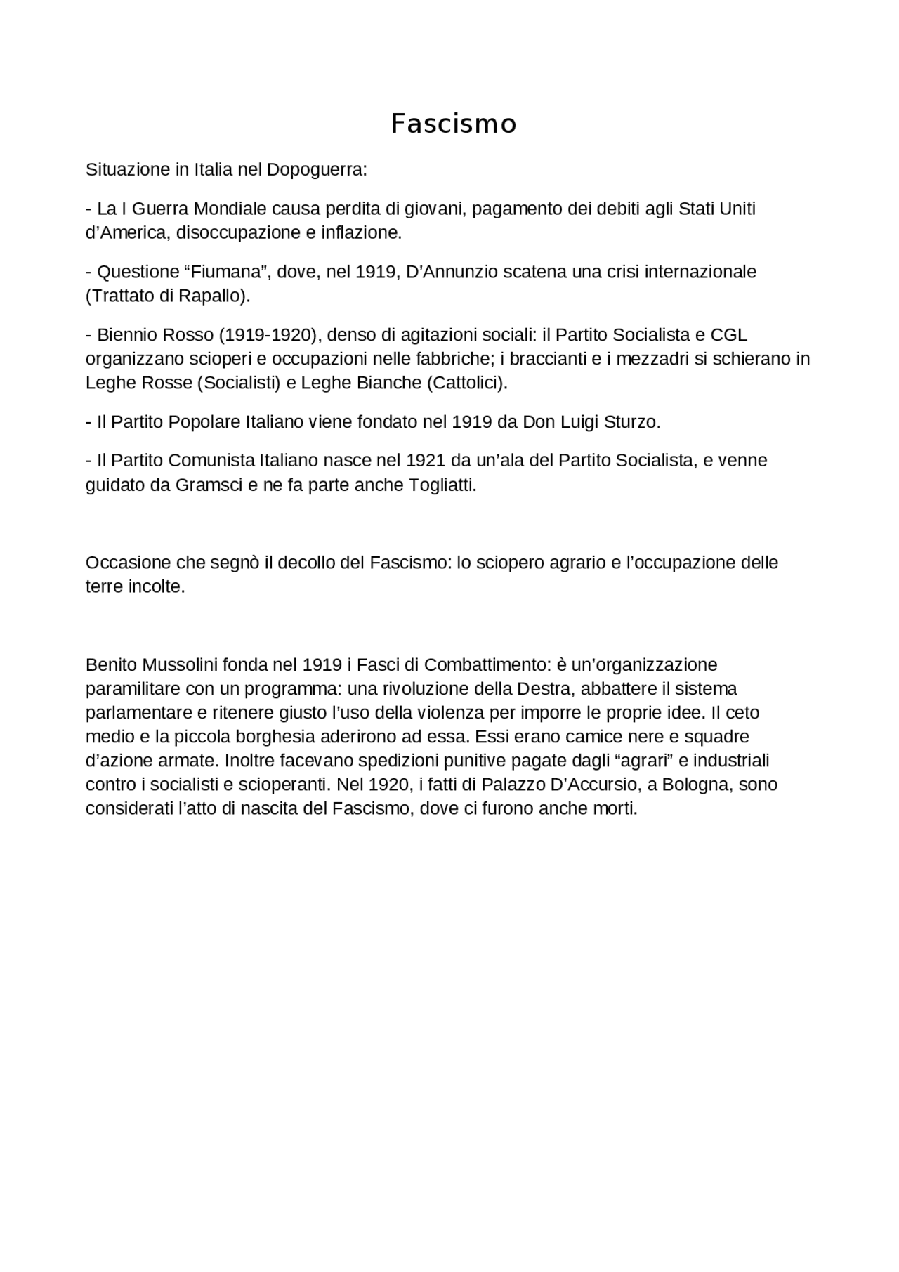 Riassunto Del Fascismo Docsity