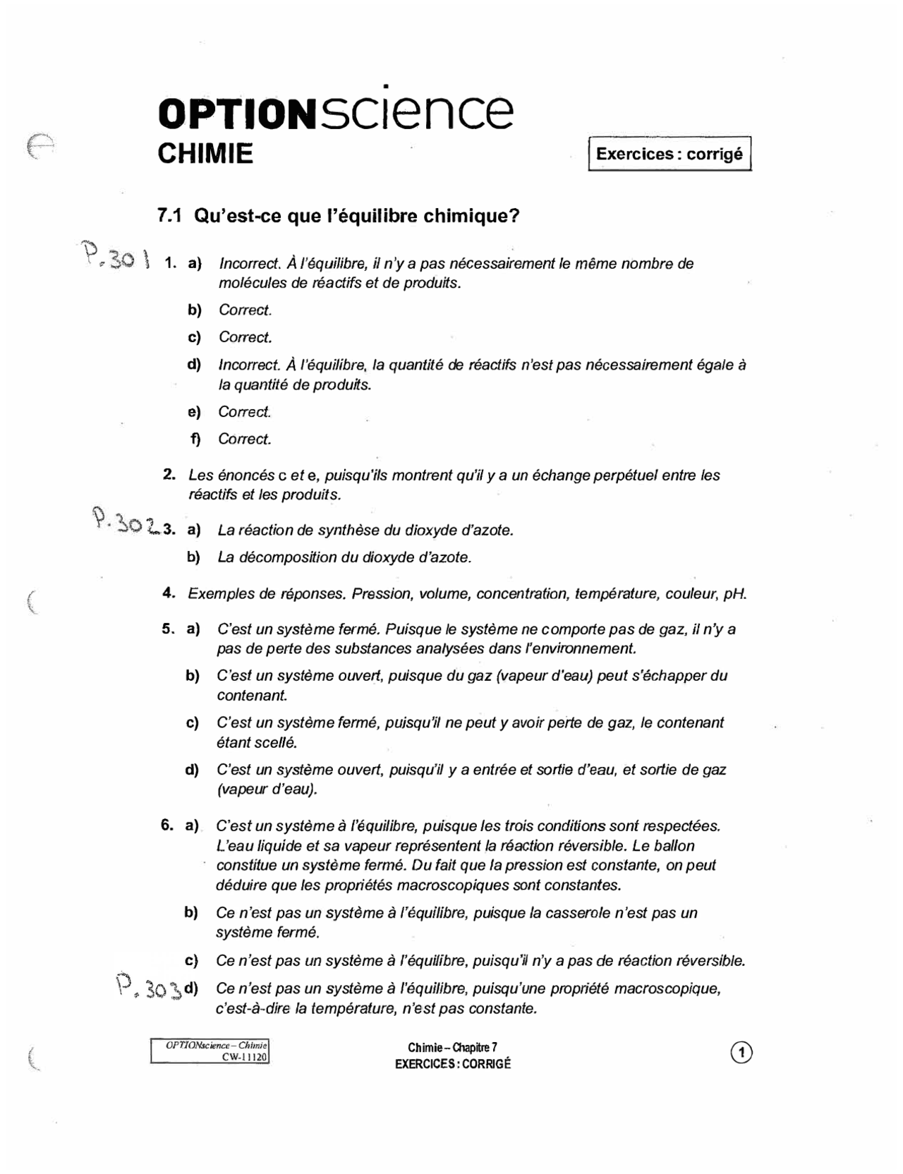 Corrigé Chapitre 7 Option Science Chimie Exercices Chimie Docsity