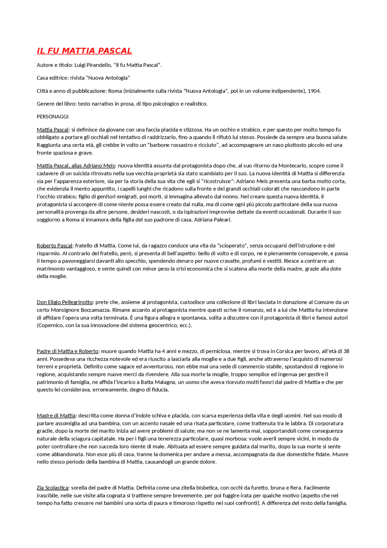 Riassunto Il Fu Mattia Pascal Docsity