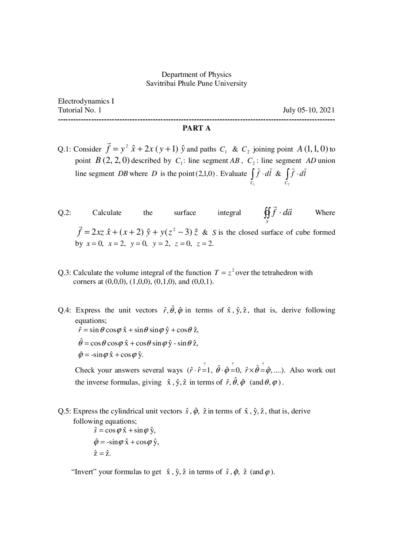 Electrodynamics Tutorial Assignment Docsity
