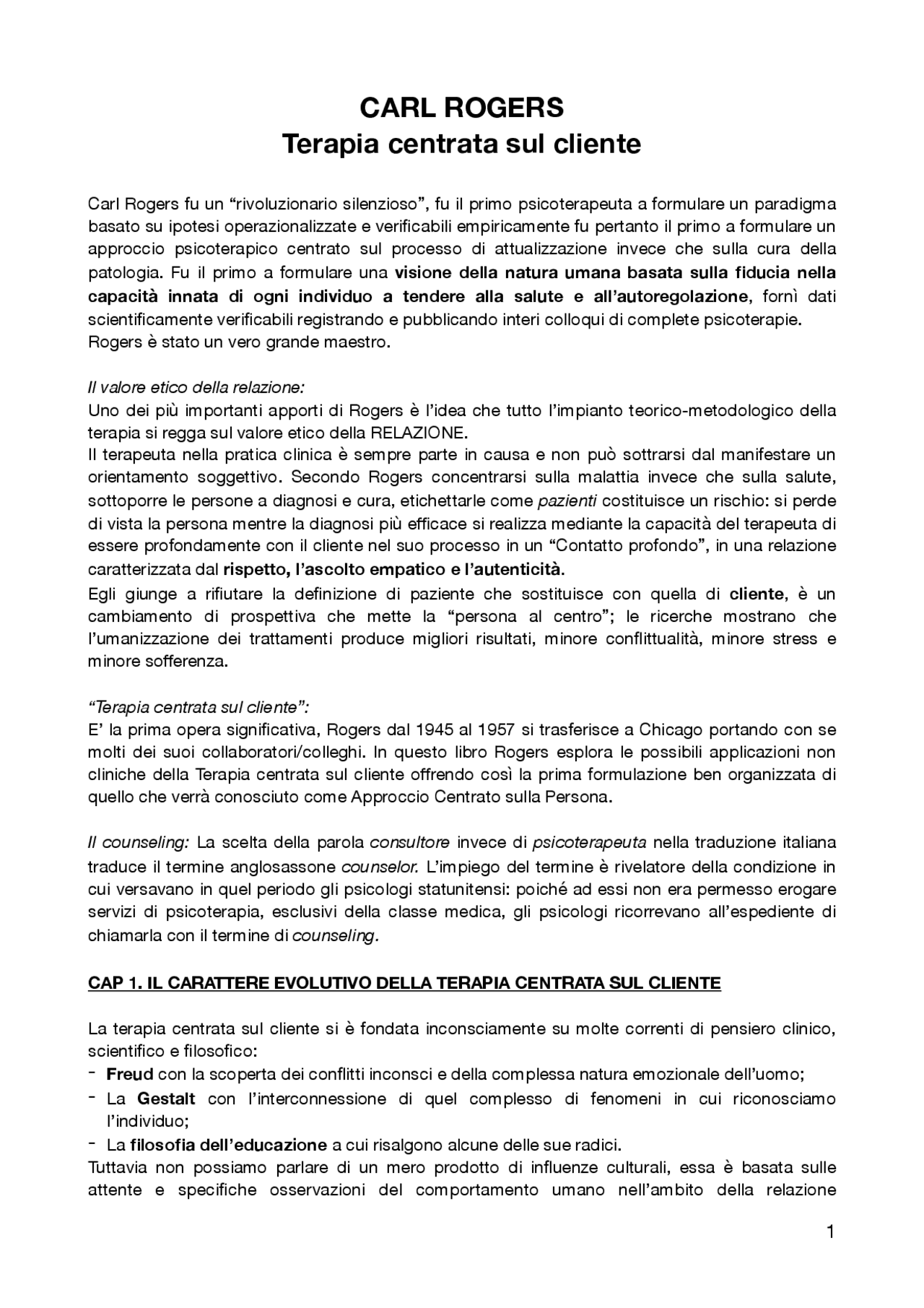 Terapia Centrata Sul Cliente Sintesi Docsity
