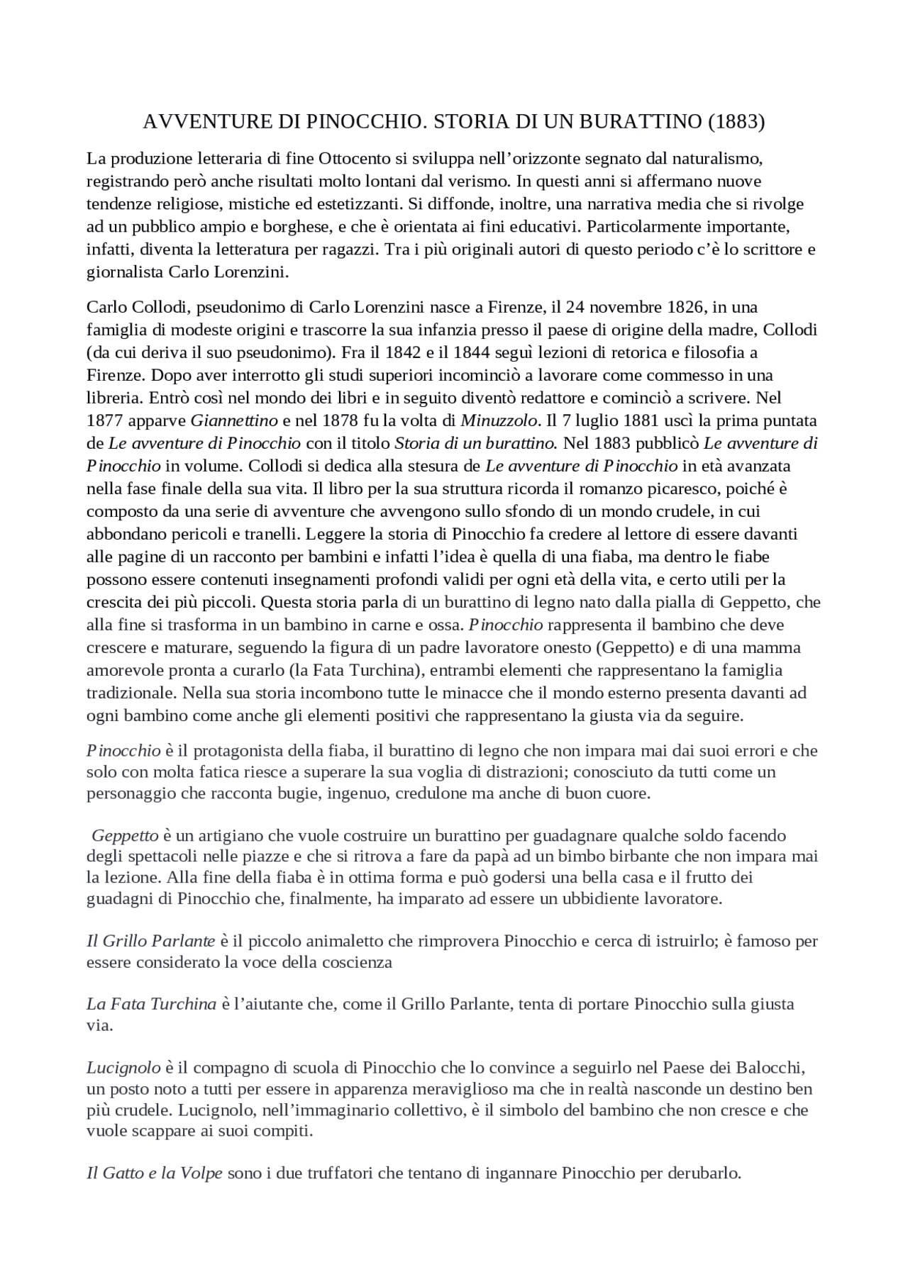 Appunti Su Pinocchio Di Collodi Docsity