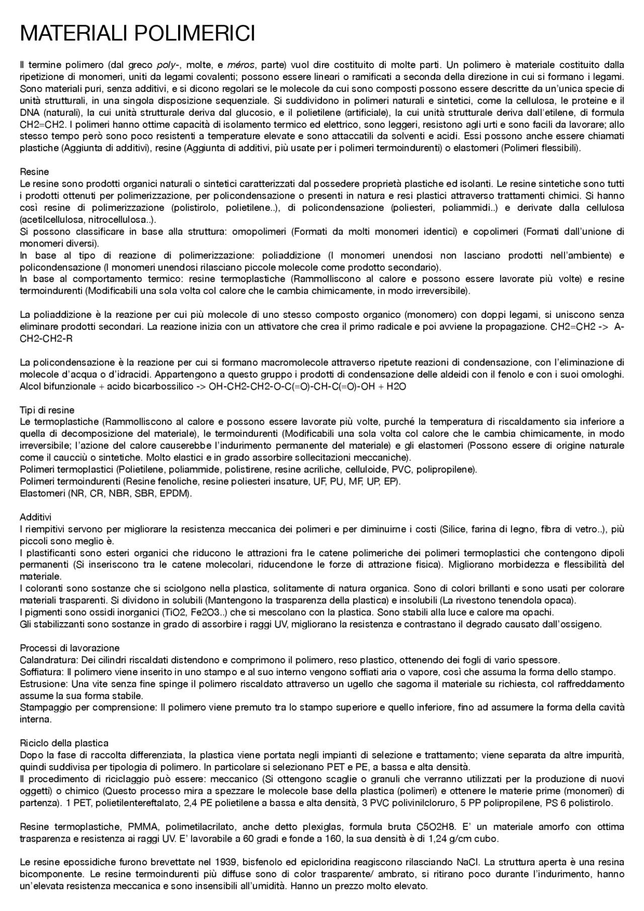 Riassunto Sui Materiali Polimerici Docsity
