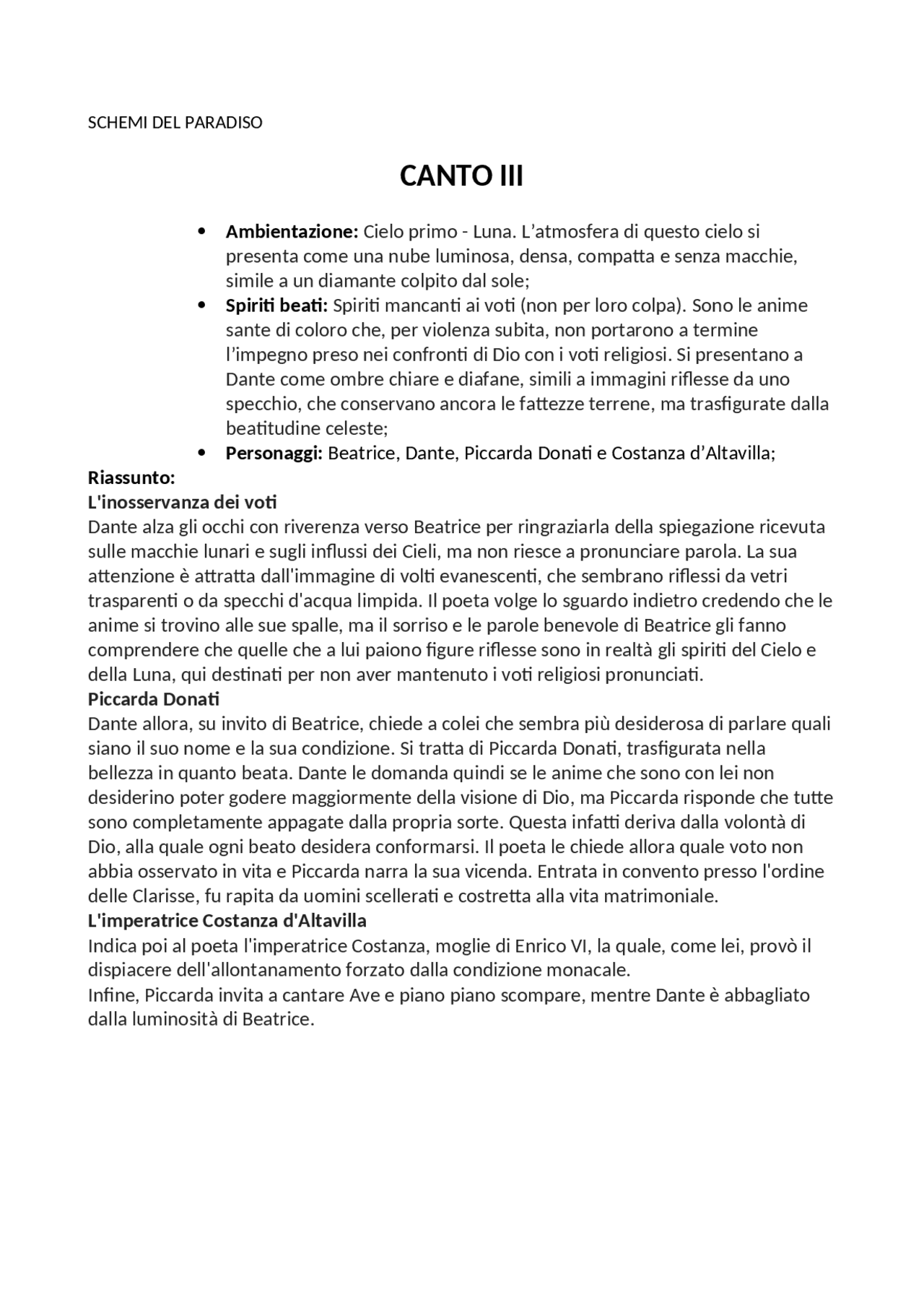 Divina Commedia Paradiso Canto Iii Docsity