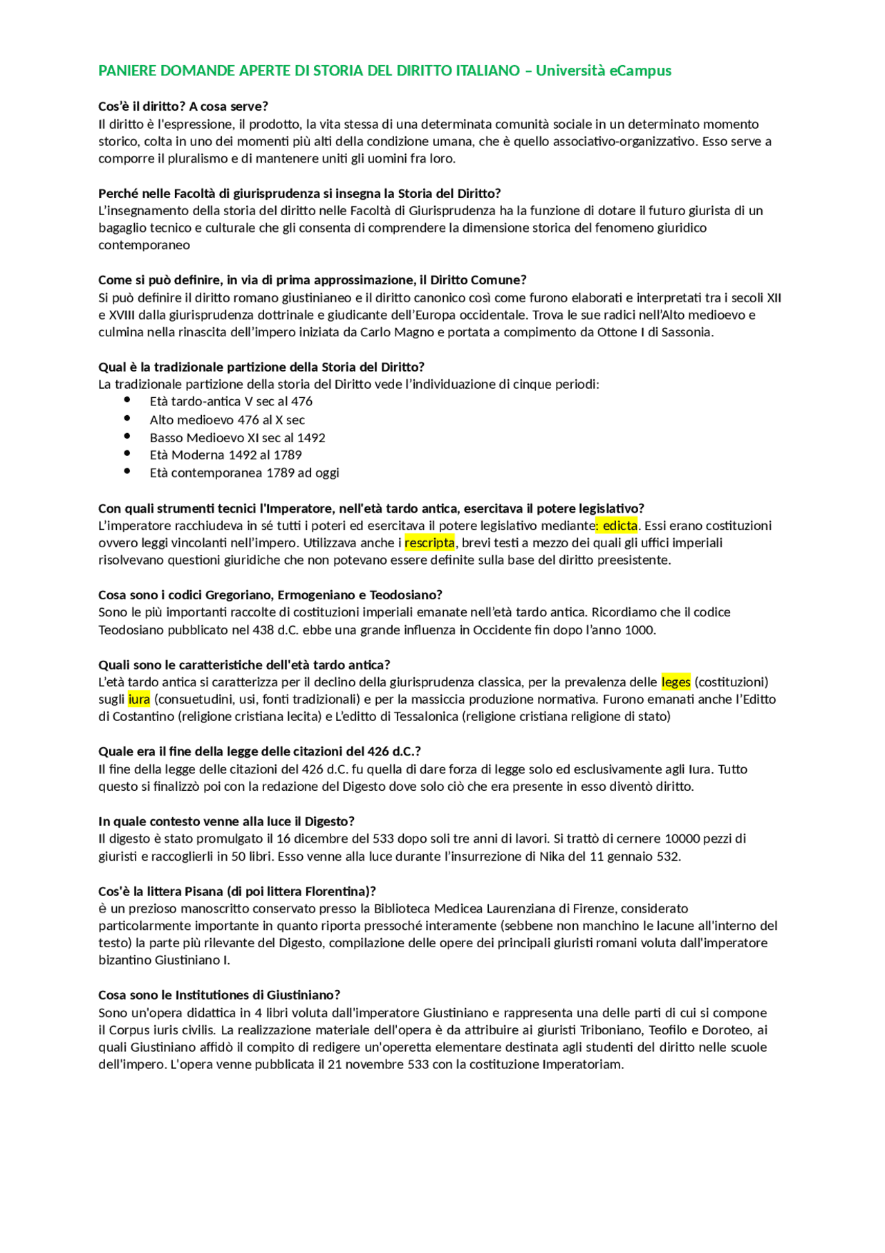 Storia del diritto italiano - Risposte Aperte - AGGIORNATO - Docsity