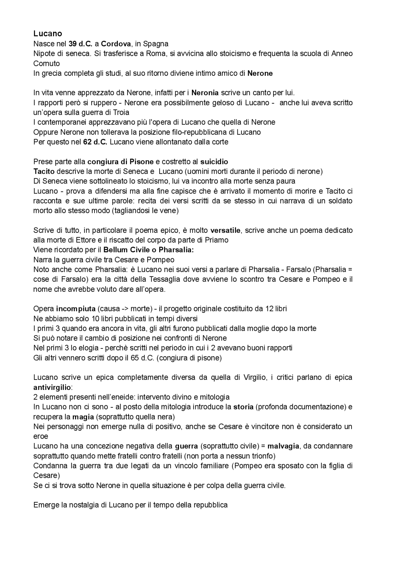 Lucano E Bellum Civile Docsity