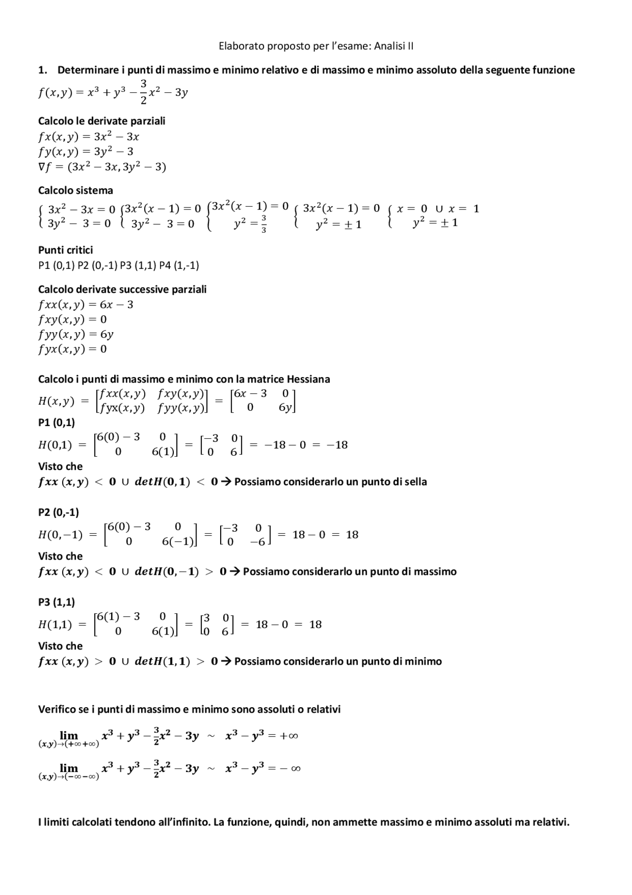 Elaborato Analisi Matematica 2 | Ejercicios de Cálculo Avanzado | Docsity