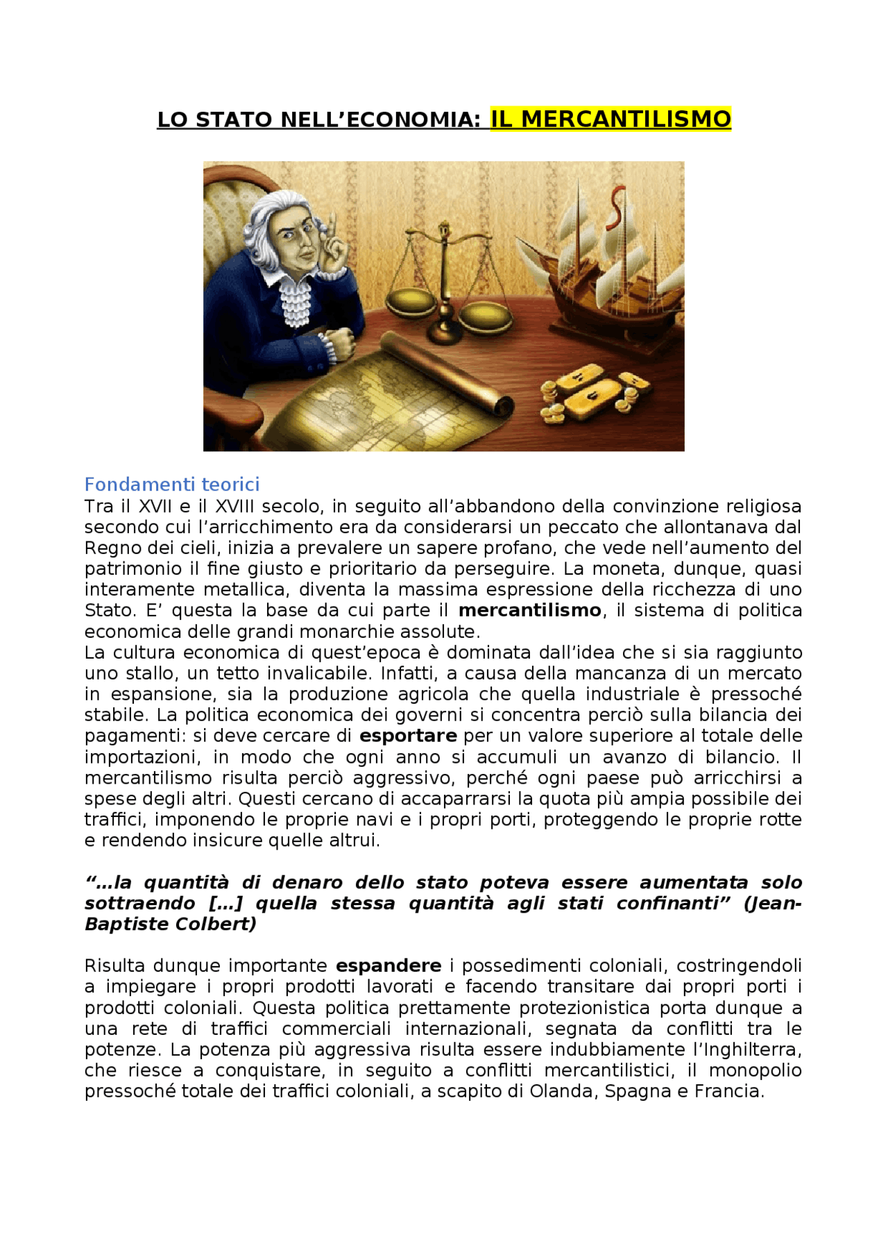 Il mercantilismo: fondamenti teorici e Colbert | Appunti di Storia ...