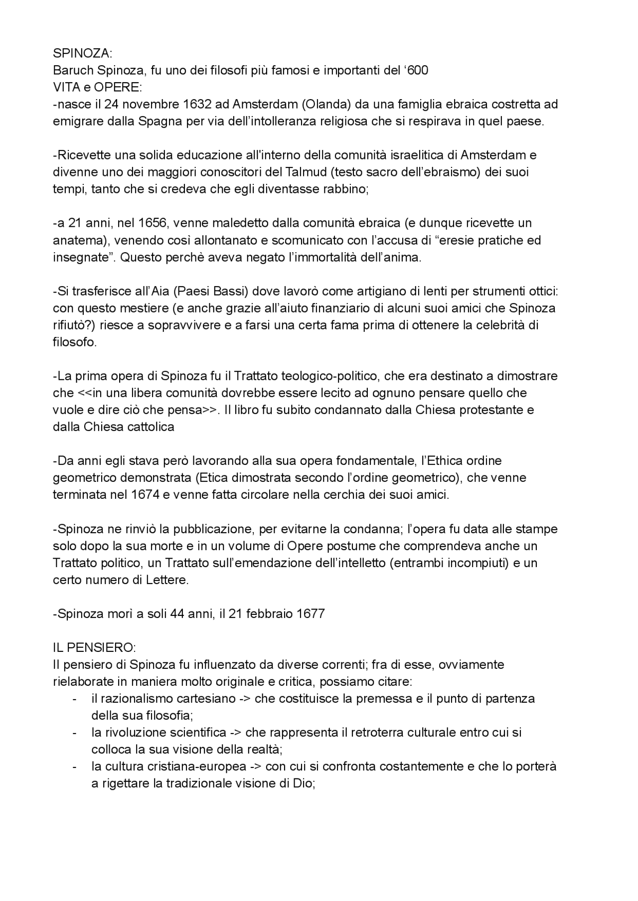 Spinoza Vita Opere E Pensiero Docsity