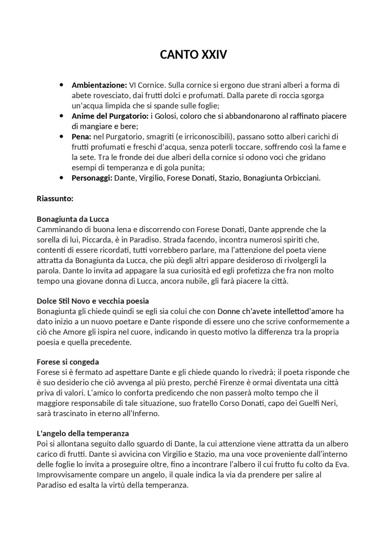 Divina Commedia, Purgatorio: Canto XXIV. | Appunti di Italiano | Docsity