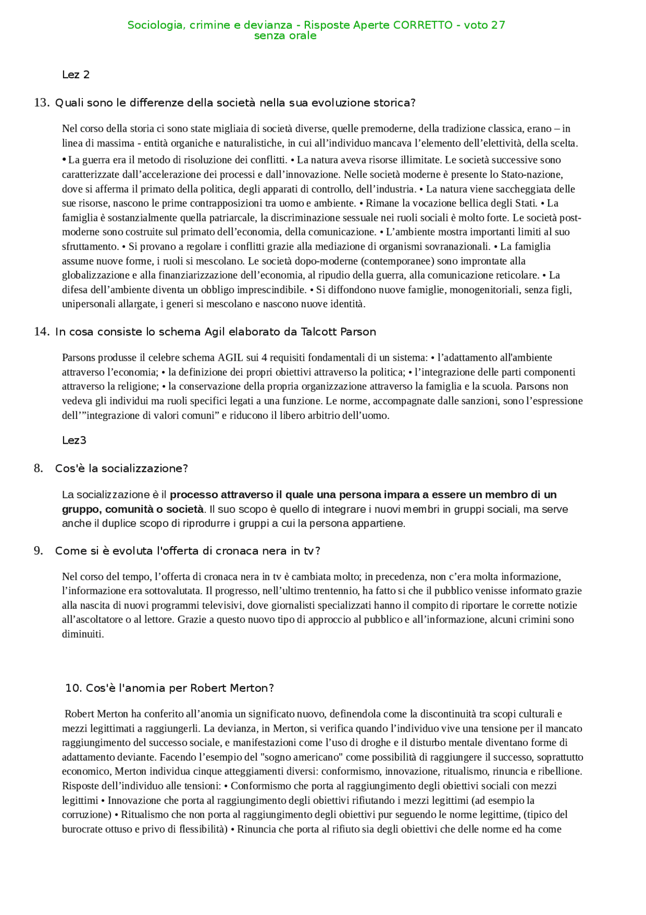 Sociologia Crimine E Devianza Risposte Aperte Corretto Docsity