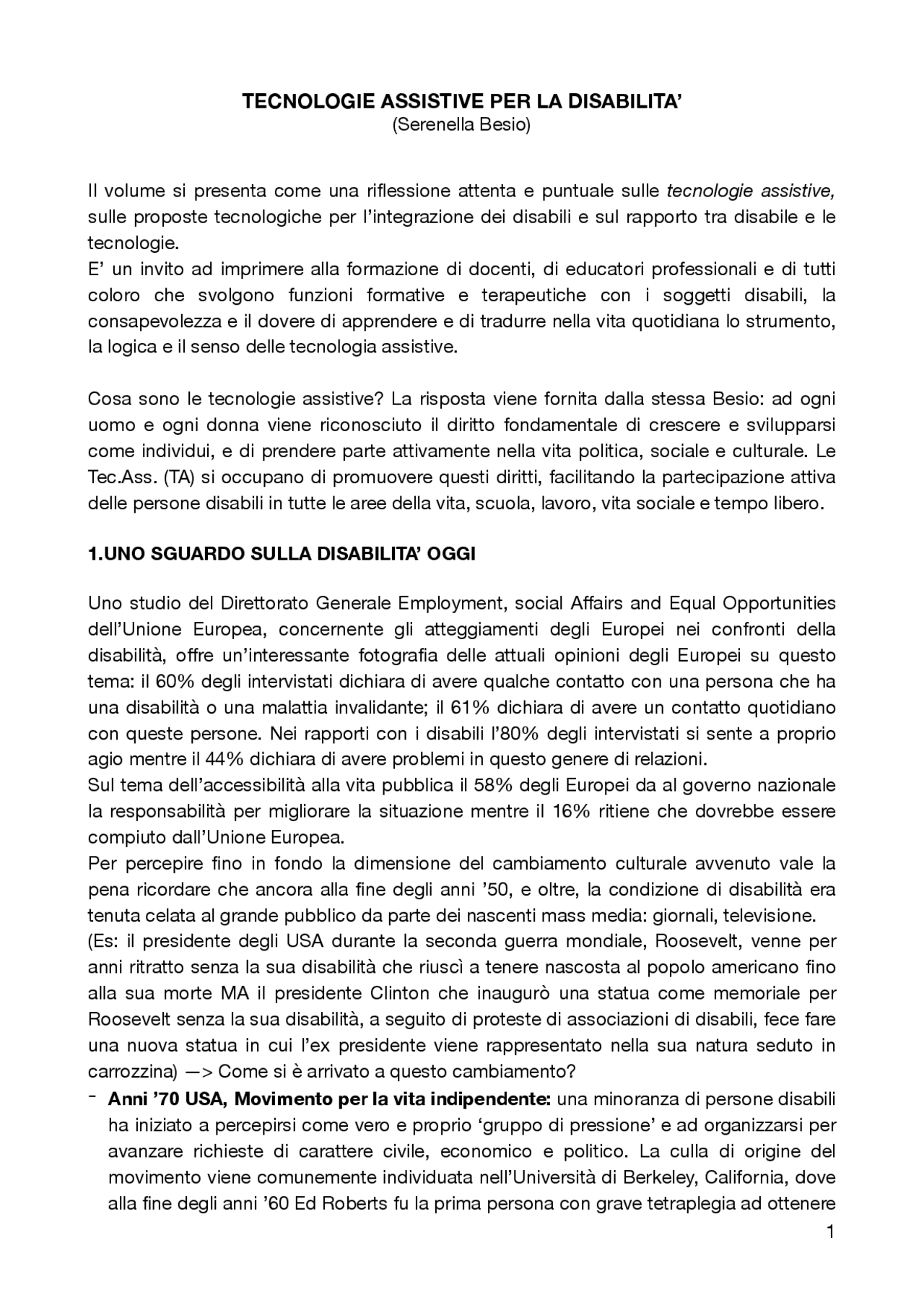Tecnologie Assistive Per La Disabilità Sintesi Docsity