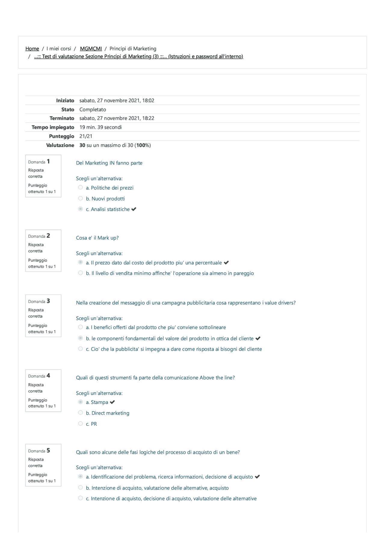 Master Marcom Test Sezione 3 Principi Di Marketing Prove Desame Di