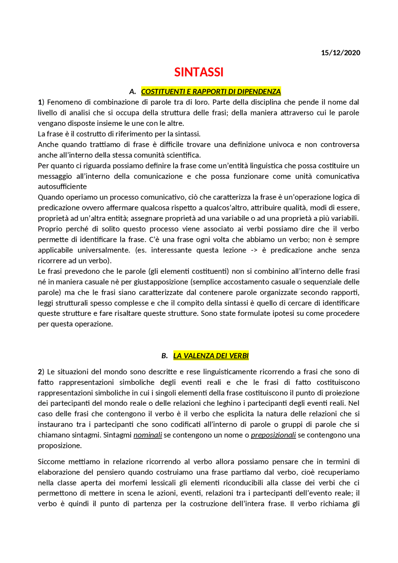 La sintassi linguistica appunti - Docsity